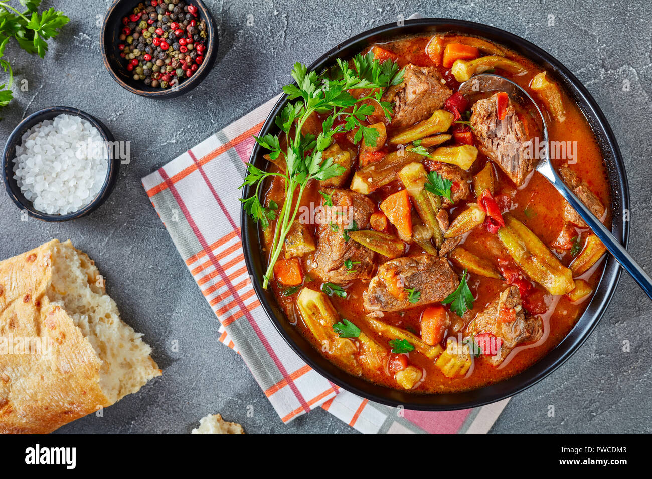 close-up of overhead view of delicious Beef and Okra Stew served in a ...