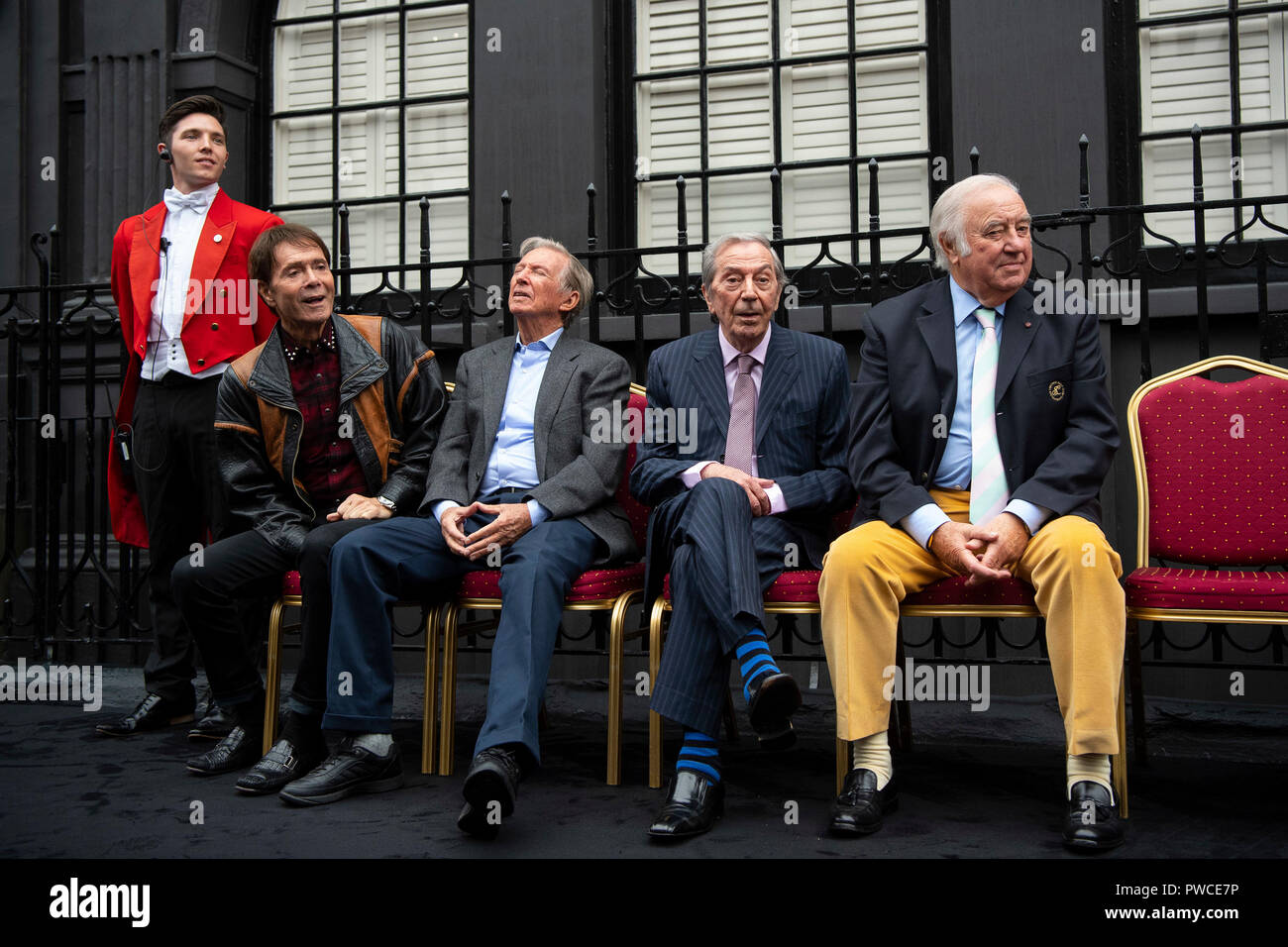 (seated left to right) Sir Cliff Richard, Tommy Steele, Des OÕConnor ...