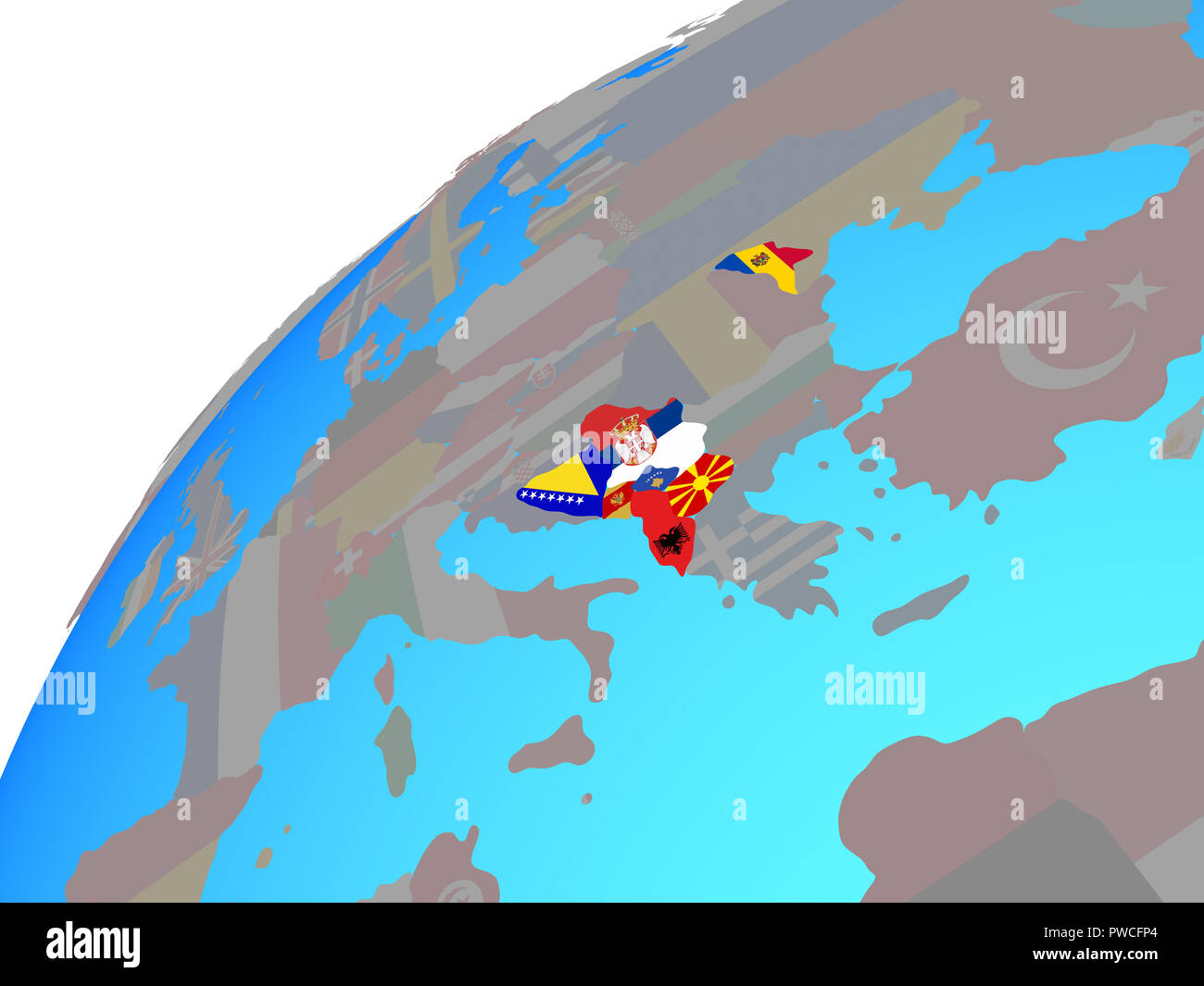 CEFTA countries with embedded national flags on globe. 3D illustration ...