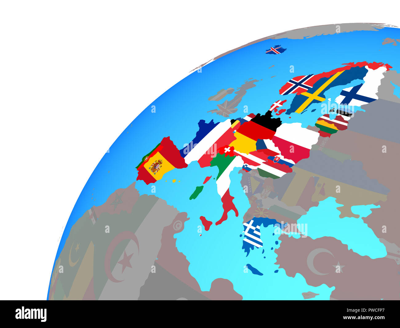 Schengen Area members with embedded national flags on globe. 3D ...