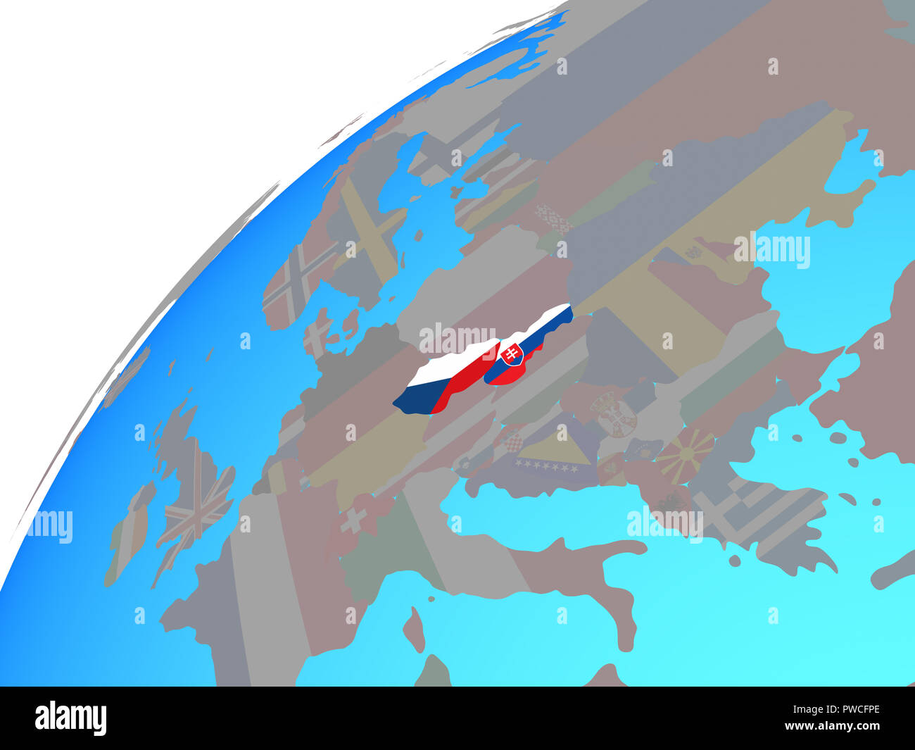 Former Czechoslovakia with embedded national flags on globe. 3D ...