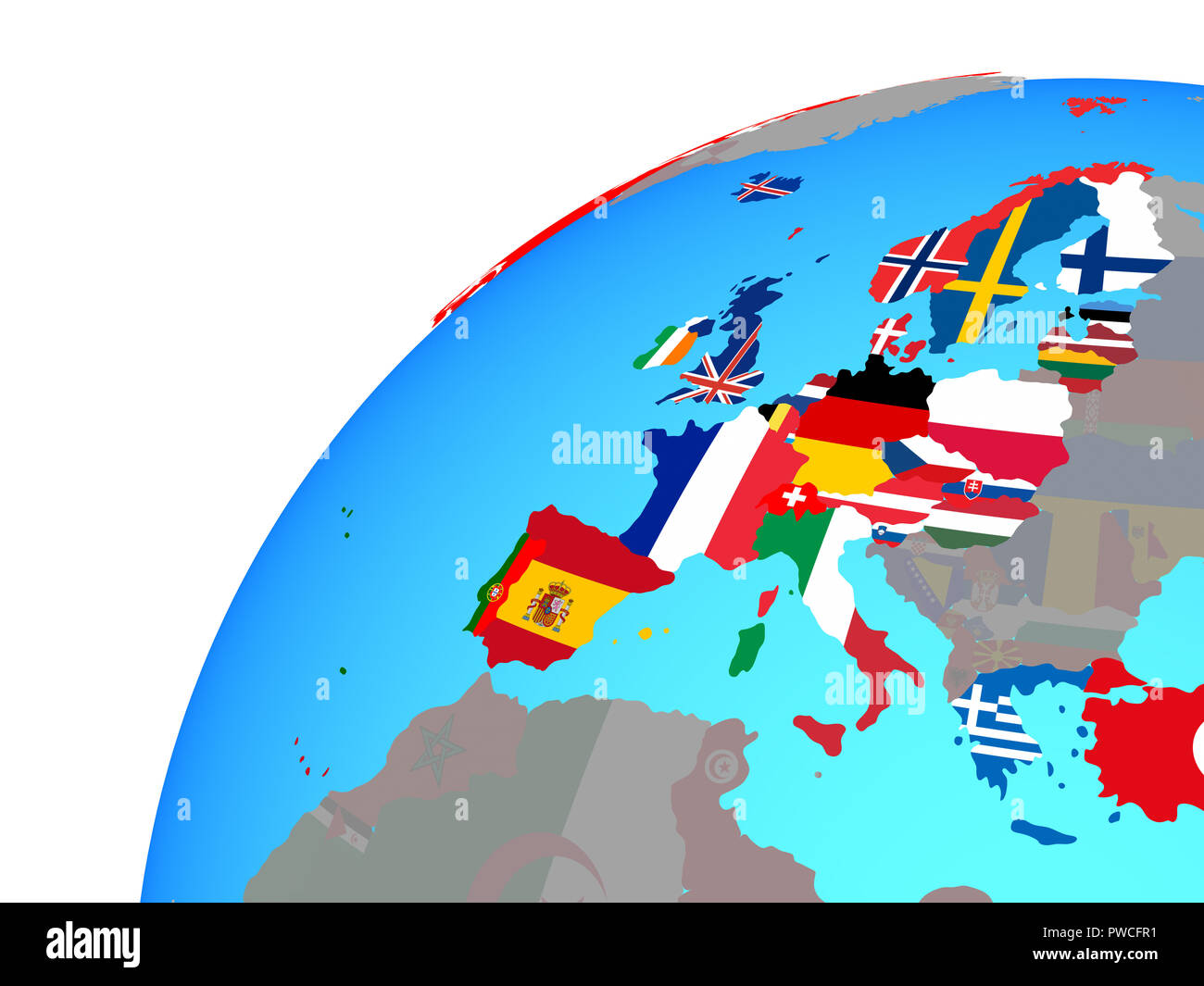 OECD European members with embedded national flags on globe. 3D ...
