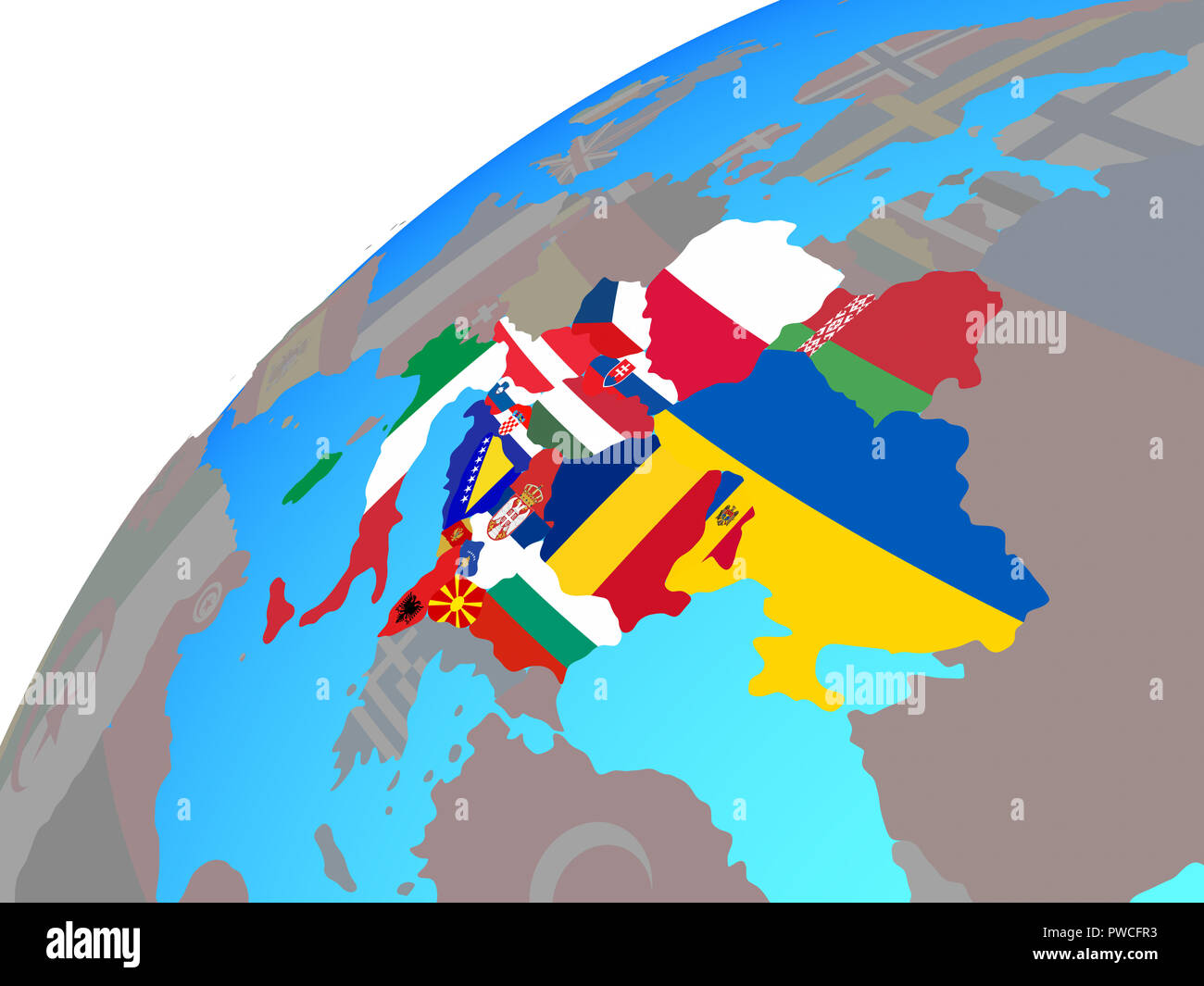 CEI countries with embedded national flags on globe. 3D illustration ...