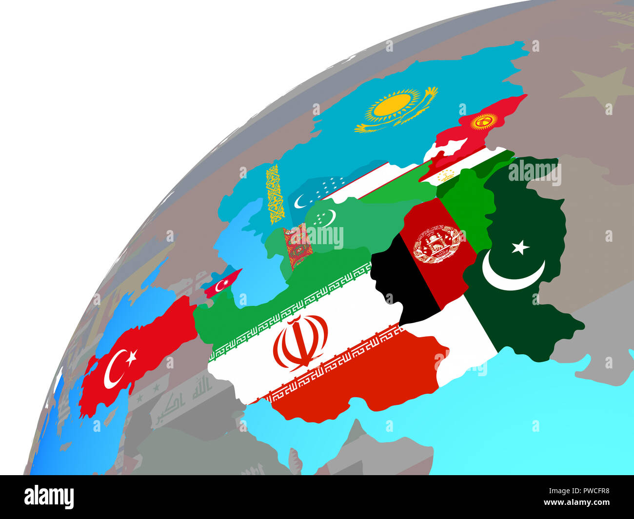 ECO member states with embedded national flags on globe. 3D ...