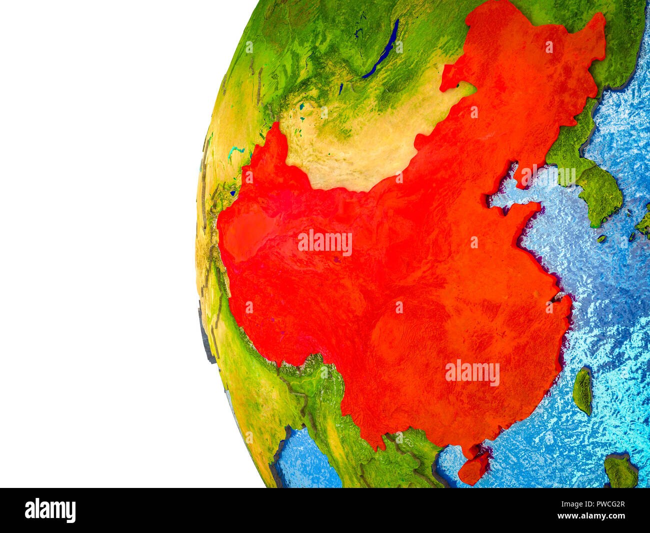 China highlighted on 3D Earth with visible countries and watery oceans ...