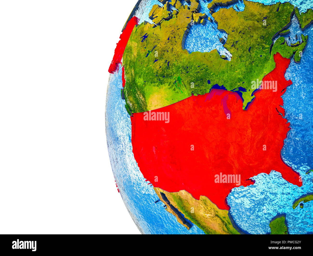 USA highlighted on 3D Earth with visible countries and watery oceans ...