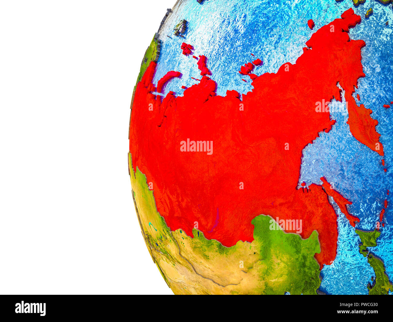 Russia highlighted on 3D Earth with visible countries and watery oceans ...