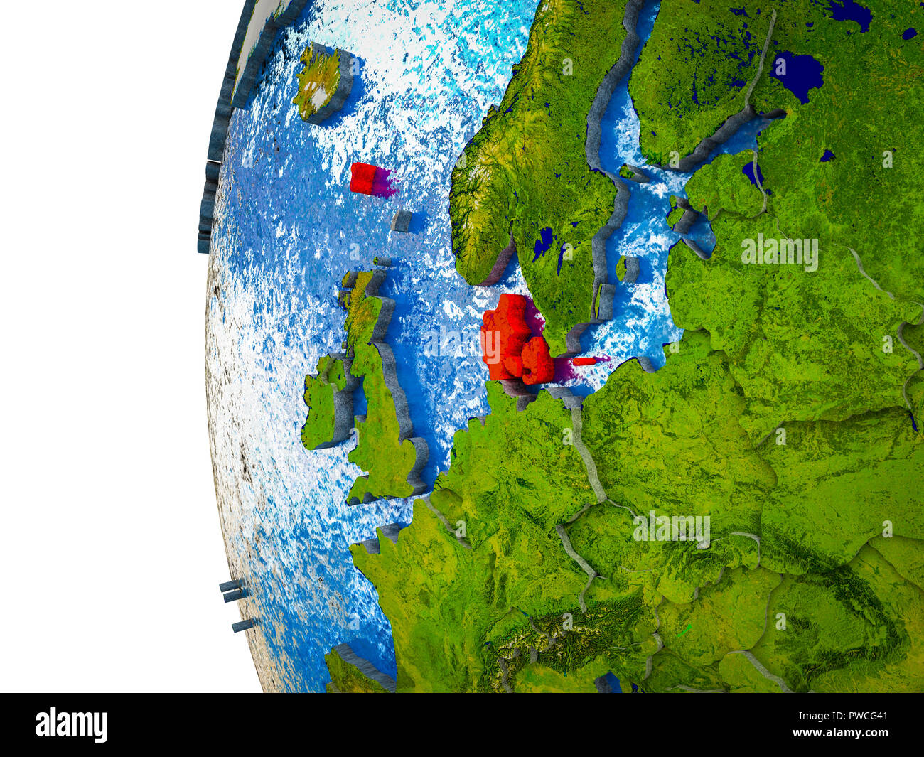 Denmark highlighted on 3D Earth with visible countries and watery oceans. 3D illustration Stock ...