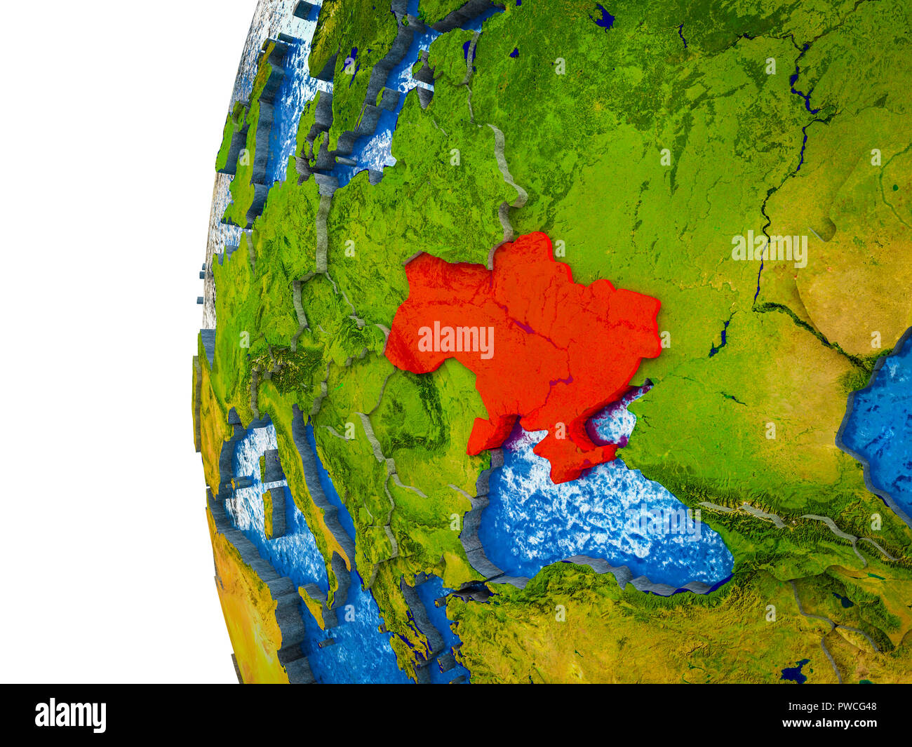 Ukraine highlighted on 3D Earth with visible countries and watery ...
