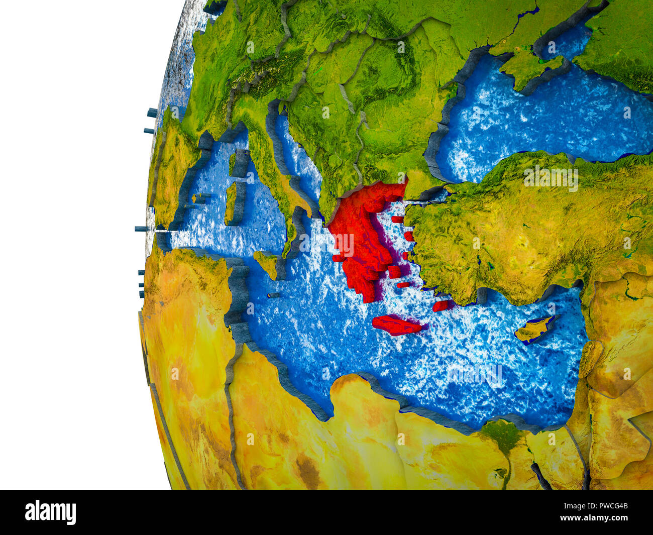 Greece highlighted on 3D Earth with visible countries and watery oceans ...