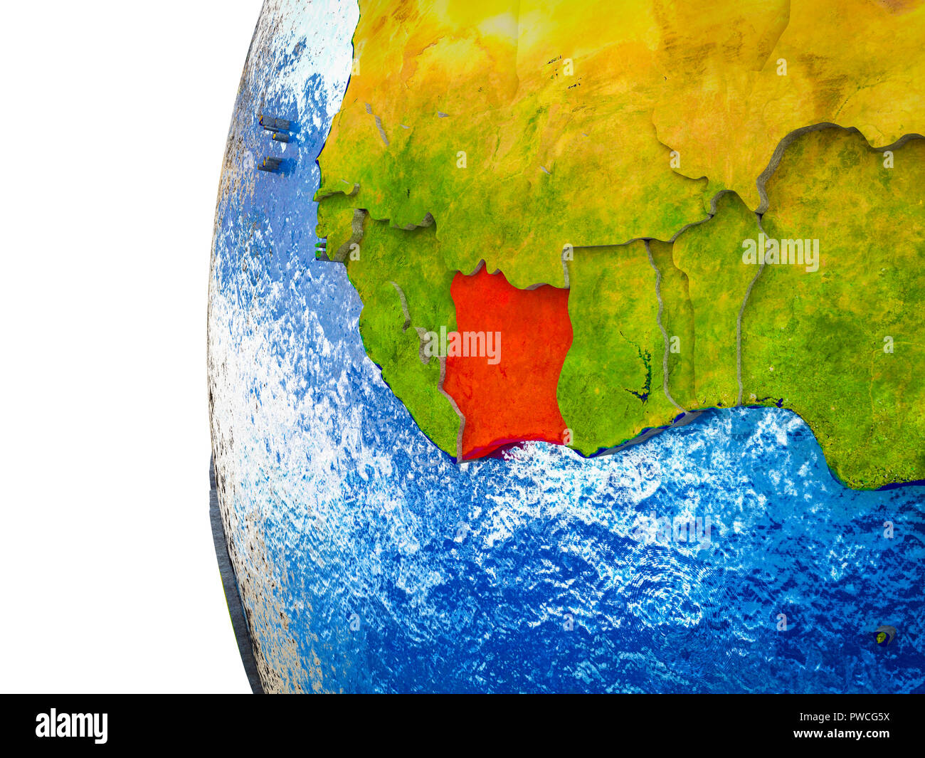 Ivory Coast highlighted on 3D Earth with visible countries and watery ...
