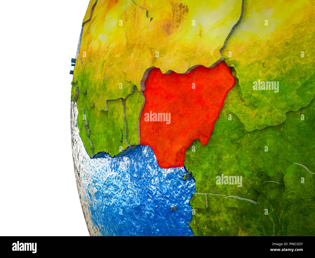 Nigeria highlighted on 3D Earth with visible countries and watery ...