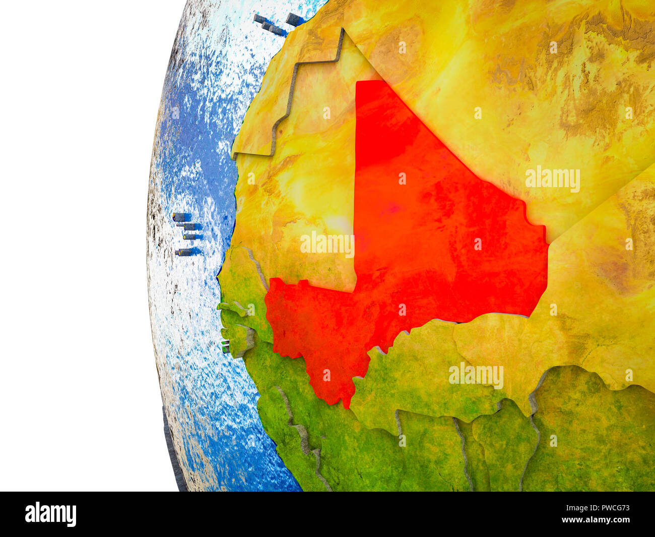 Mali highlighted on 3D Earth with visible countries and watery oceans ...