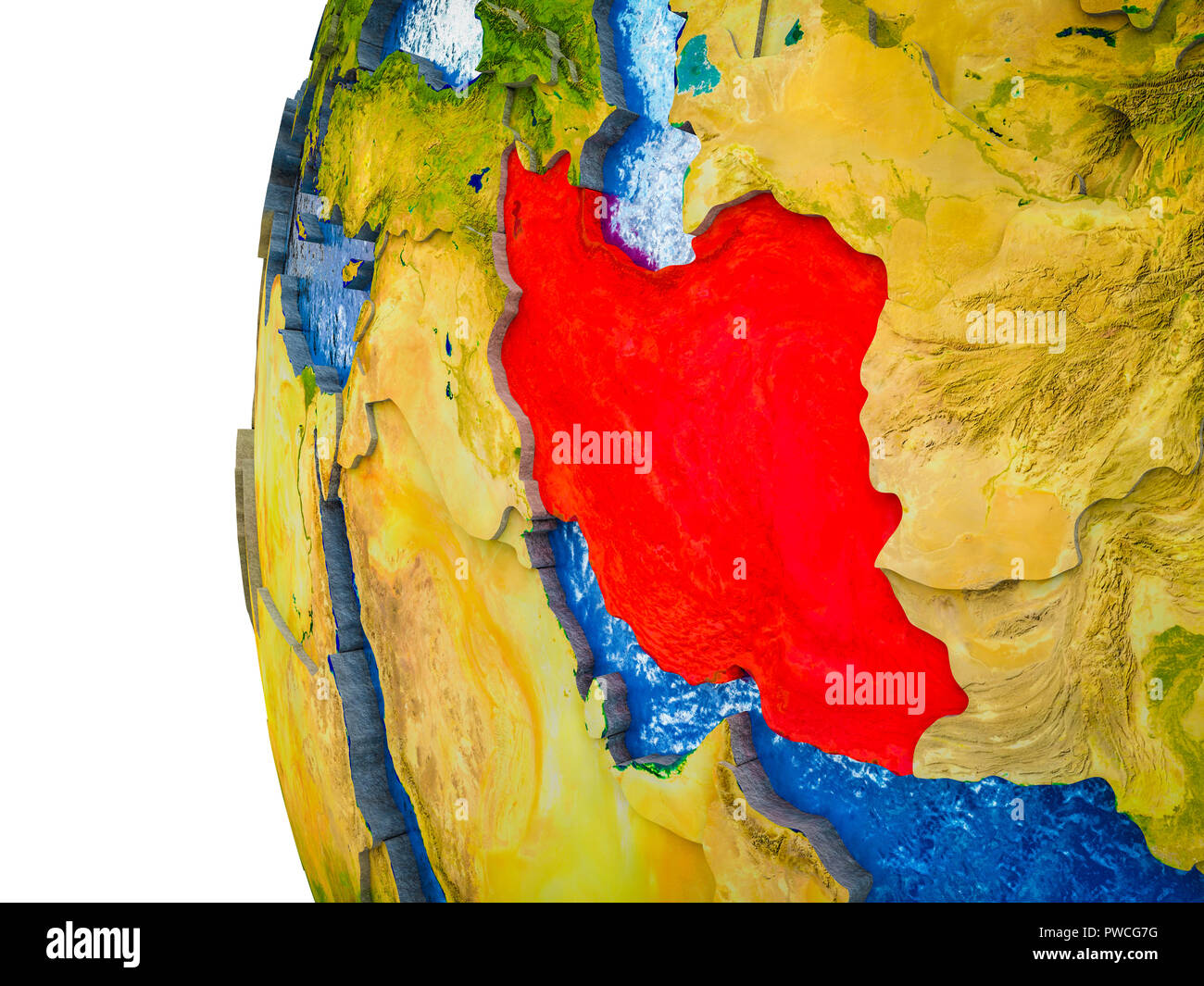 Iran highlighted on 3D Earth with visible countries and watery oceans ...