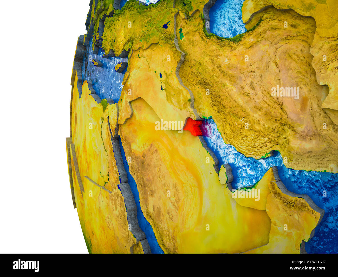 Kuwait highlighted on 3D Earth with visible countries and watery oceans ...