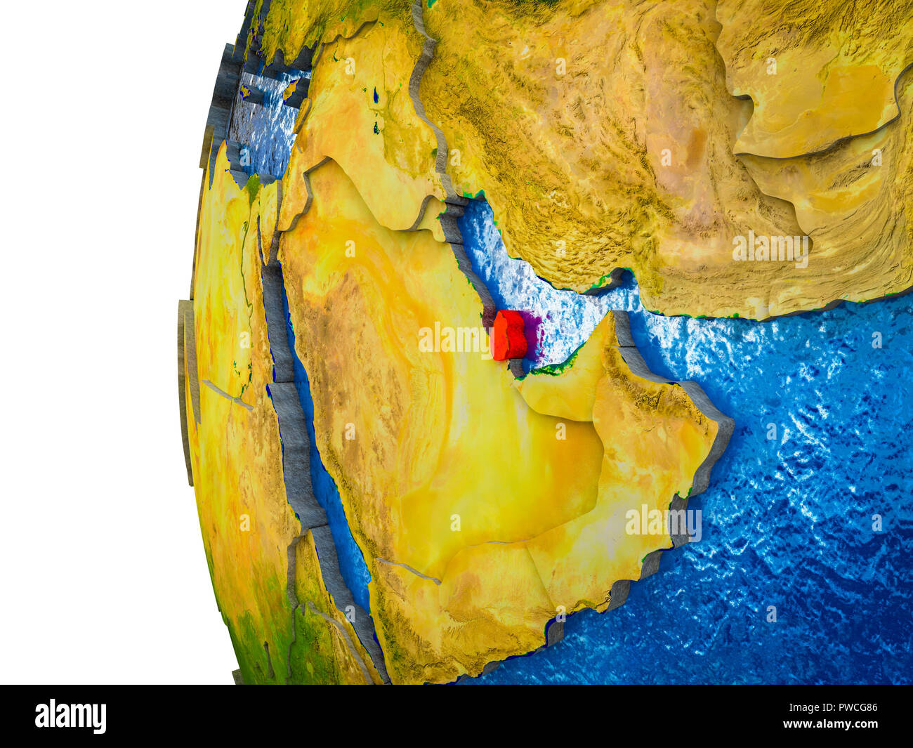 Qatar highlighted on 3D Earth with visible countries and watery oceans ...