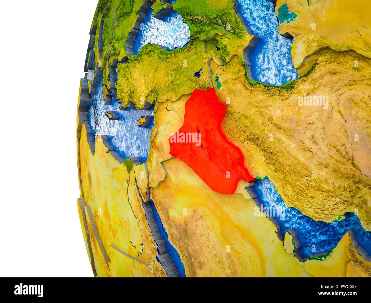Iraq highlighted on 3D Earth with visible countries and watery oceans ...