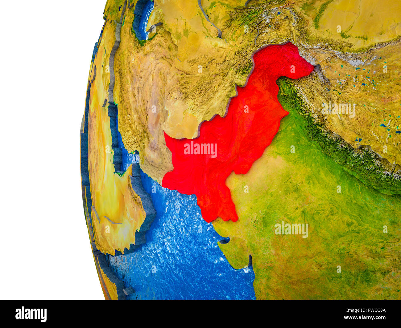 Pakistan highlighted on 3D Earth with visible countries and watery ...