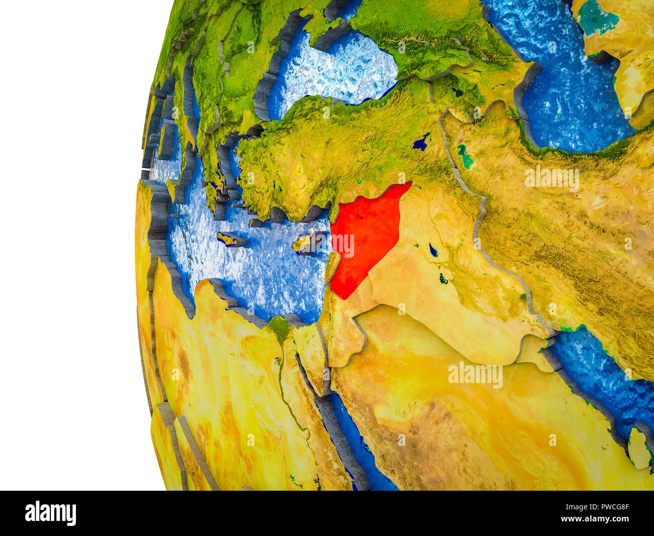 Syria highlighted on 3D Earth with visible countries and watery oceans ...