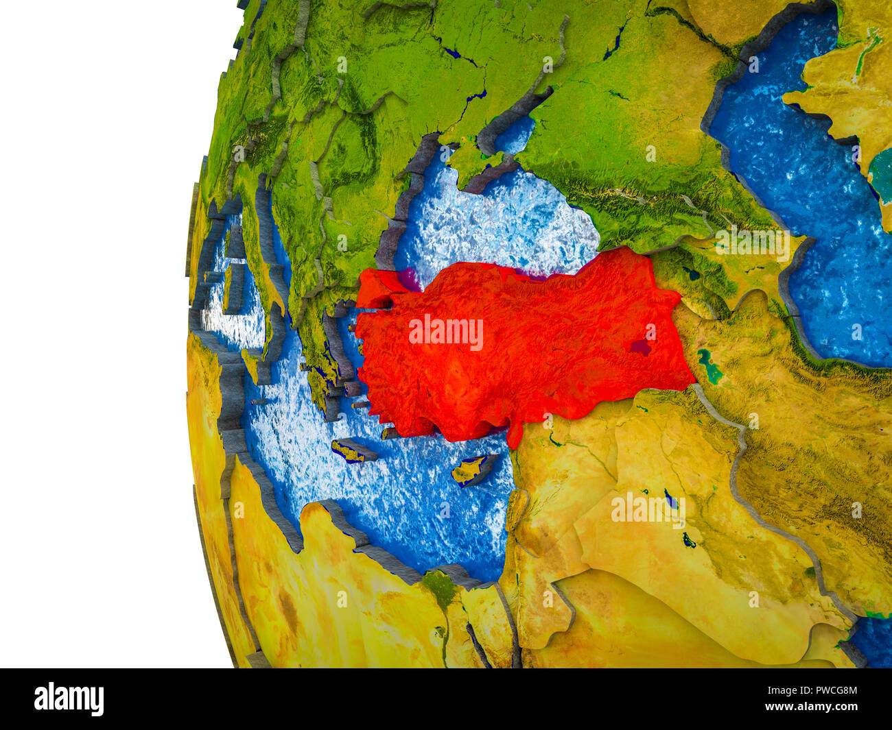 Turkey highlighted on 3D Earth with visible countries and watery oceans ...