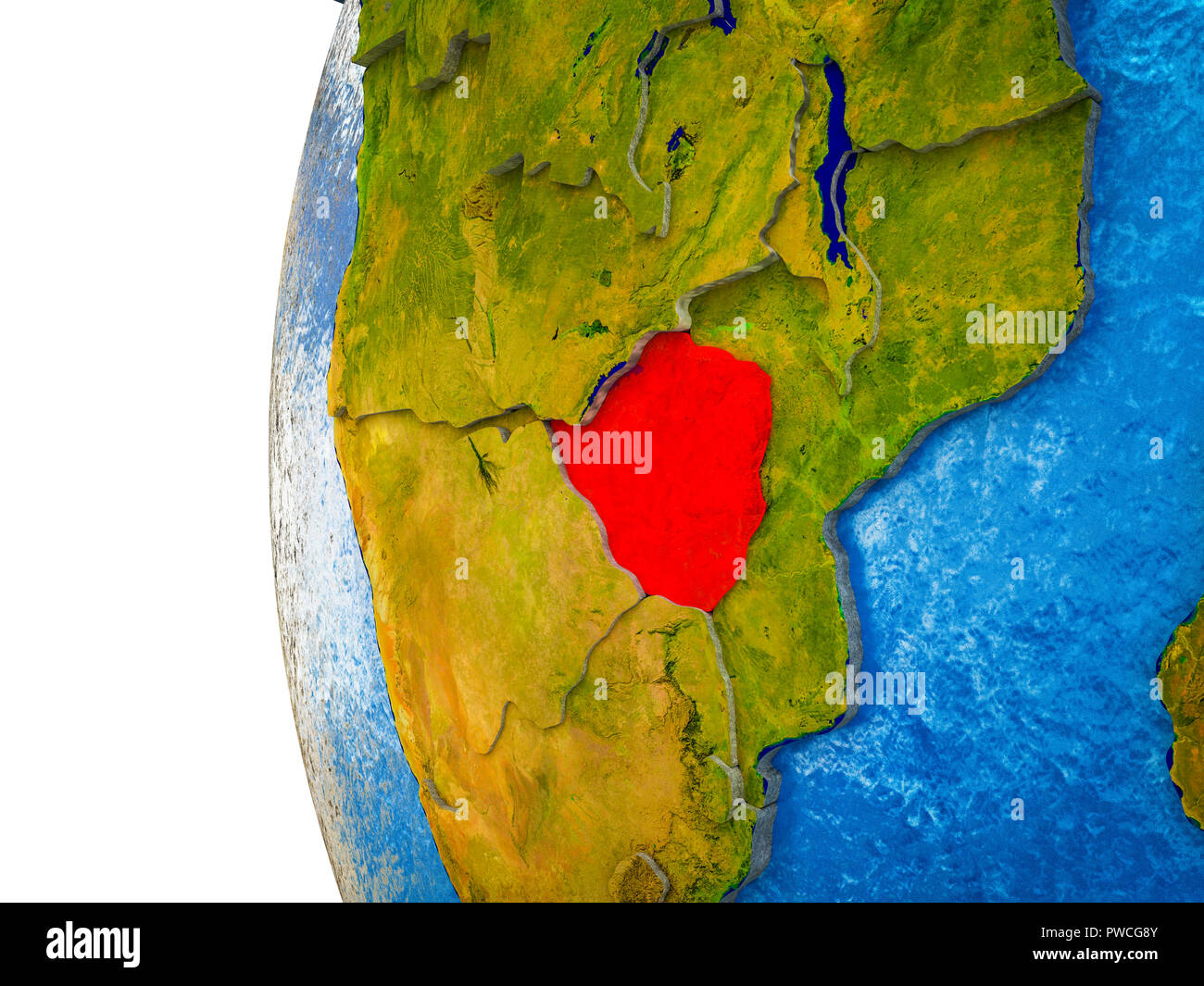Zimbabwe highlighted on 3D Earth with visible countries and watery ...