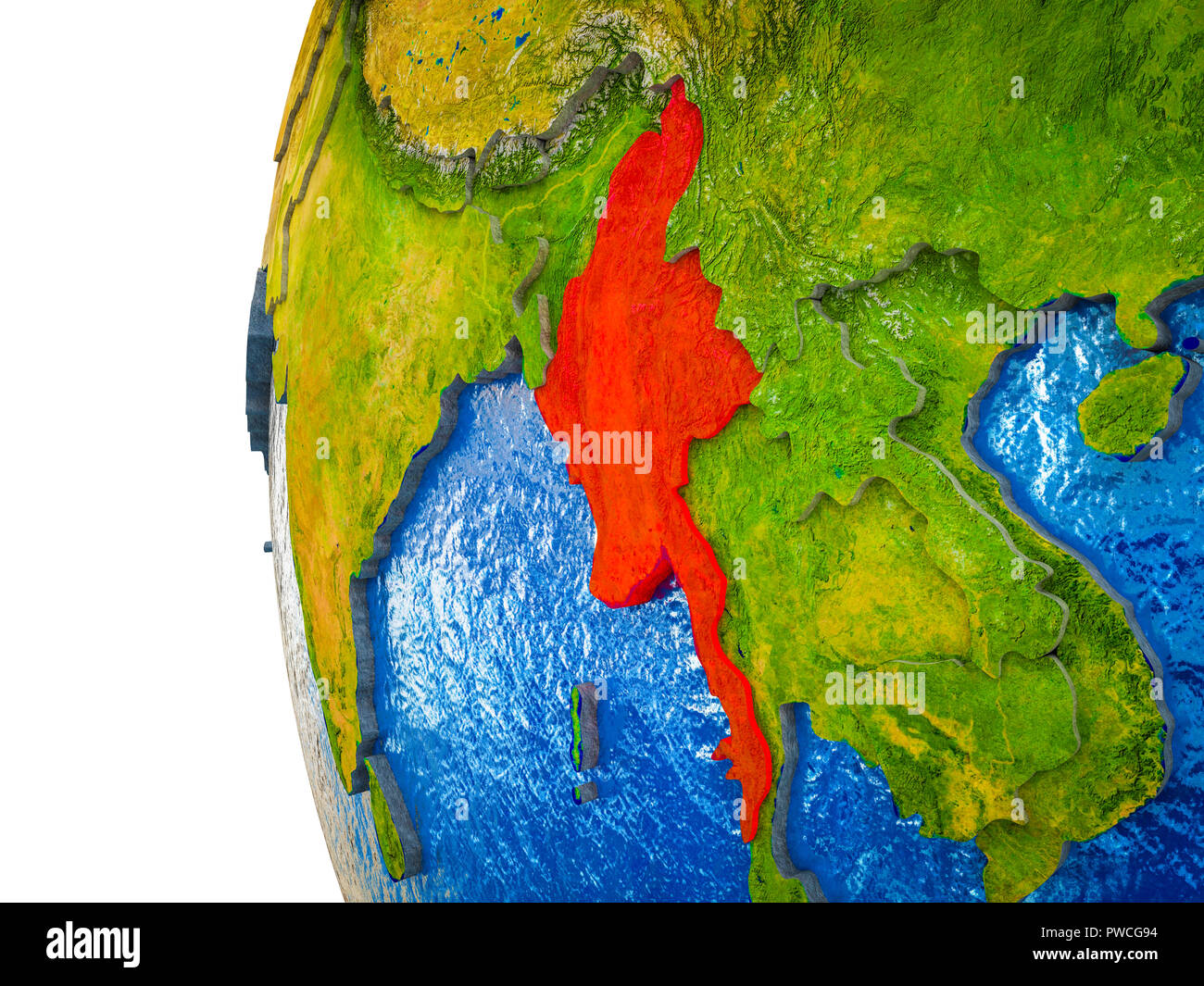 Myanmar highlighted on 3D Earth with visible countries and watery ...