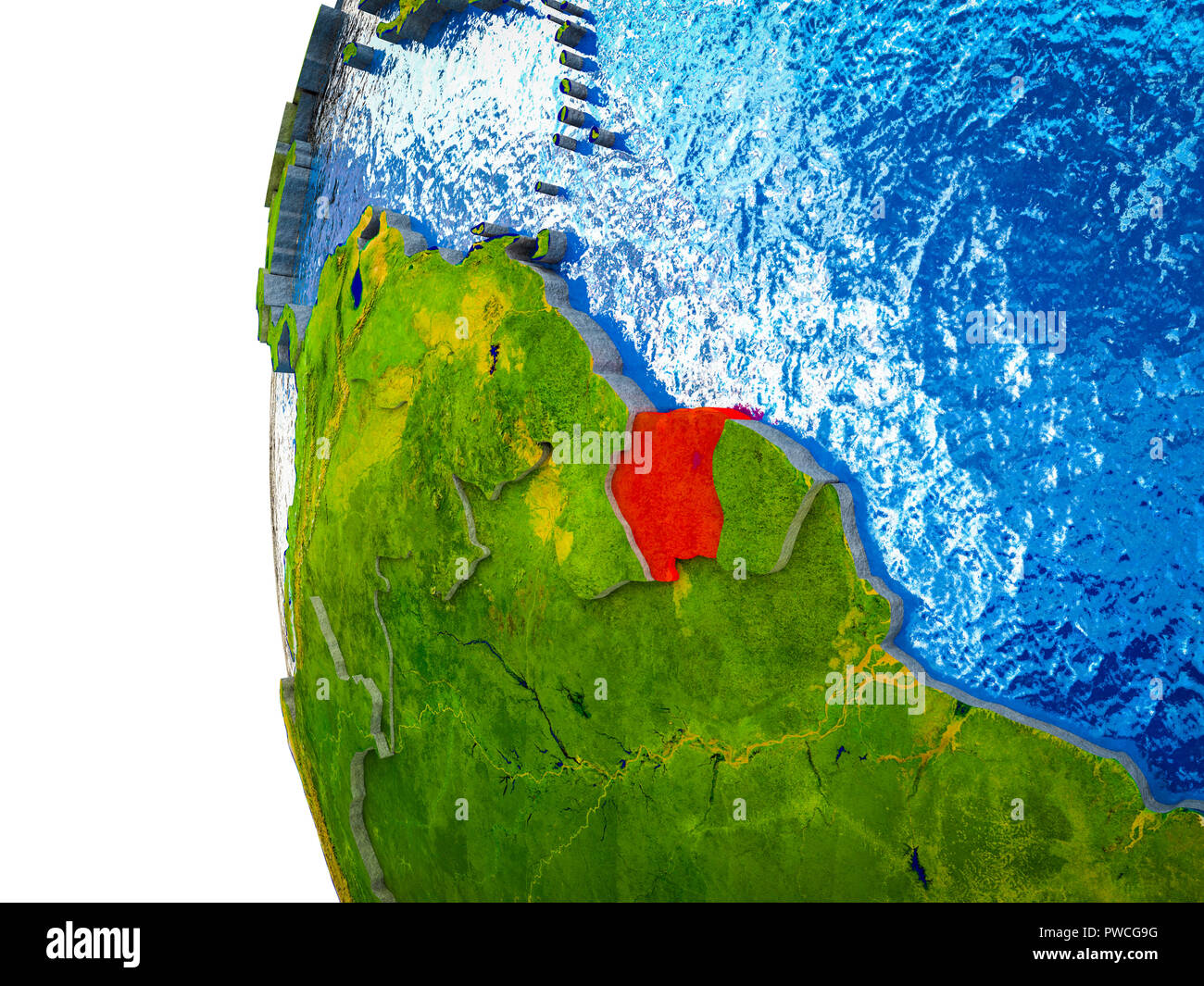 Suriname highlighted on 3D Earth with visible countries and watery ...