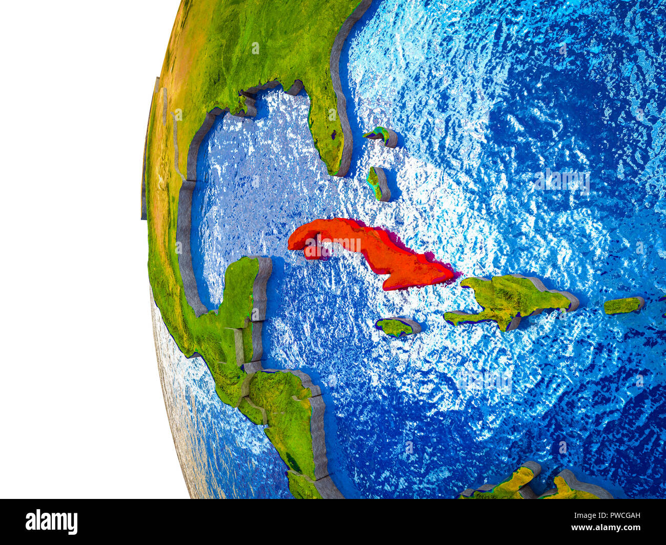 Cuba highlighted on 3D Earth with visible countries and watery oceans ...
