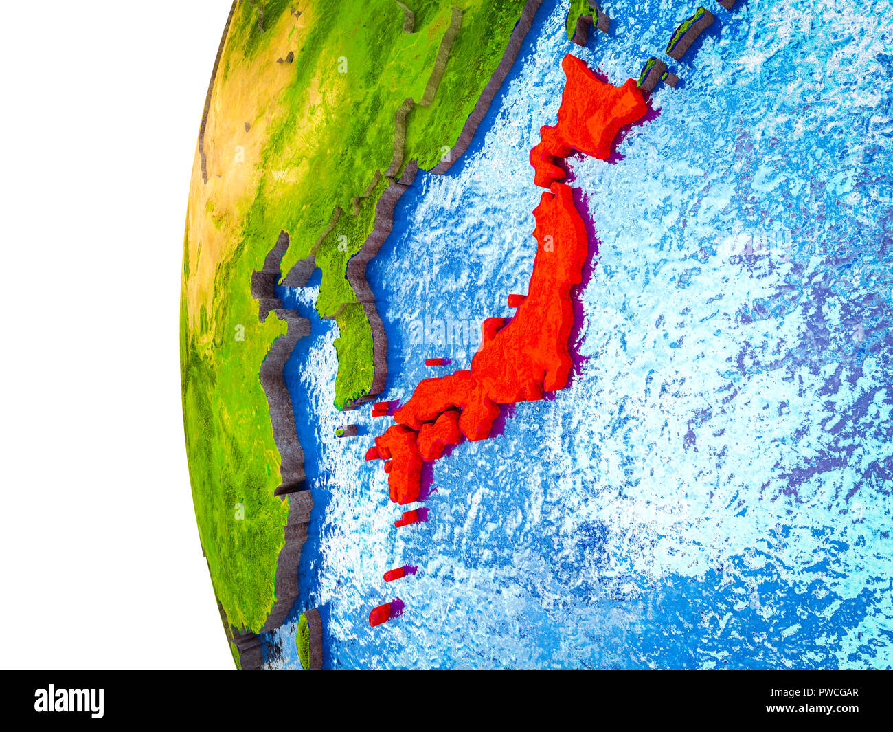 Japan highlighted on 3D Earth with visible countries and watery oceans ...