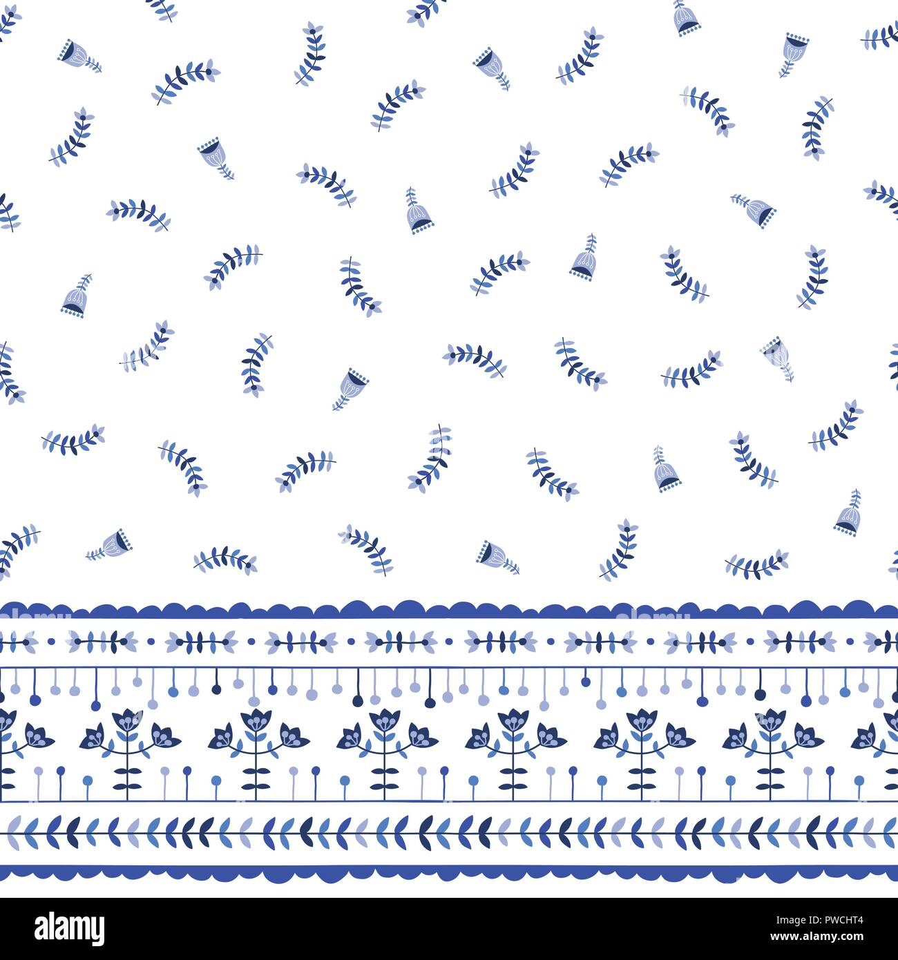 Classic Folk Blue Flowers White Background Vector Seamless Pattern ...