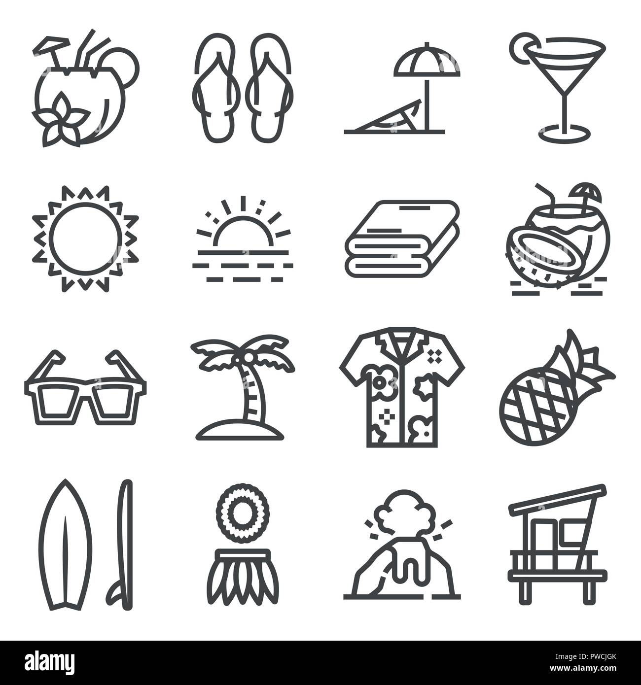 Vector Tropical summer, hawaii icon set with white background Stock ...