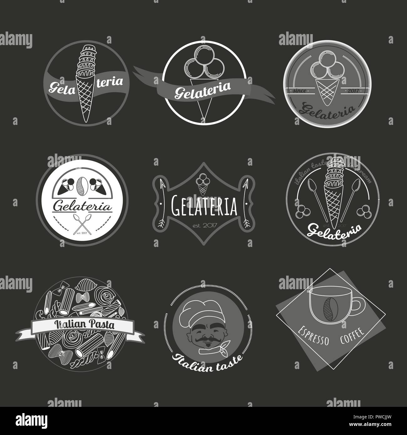 Italian food logos isolated on white background. Set of food labels for ...