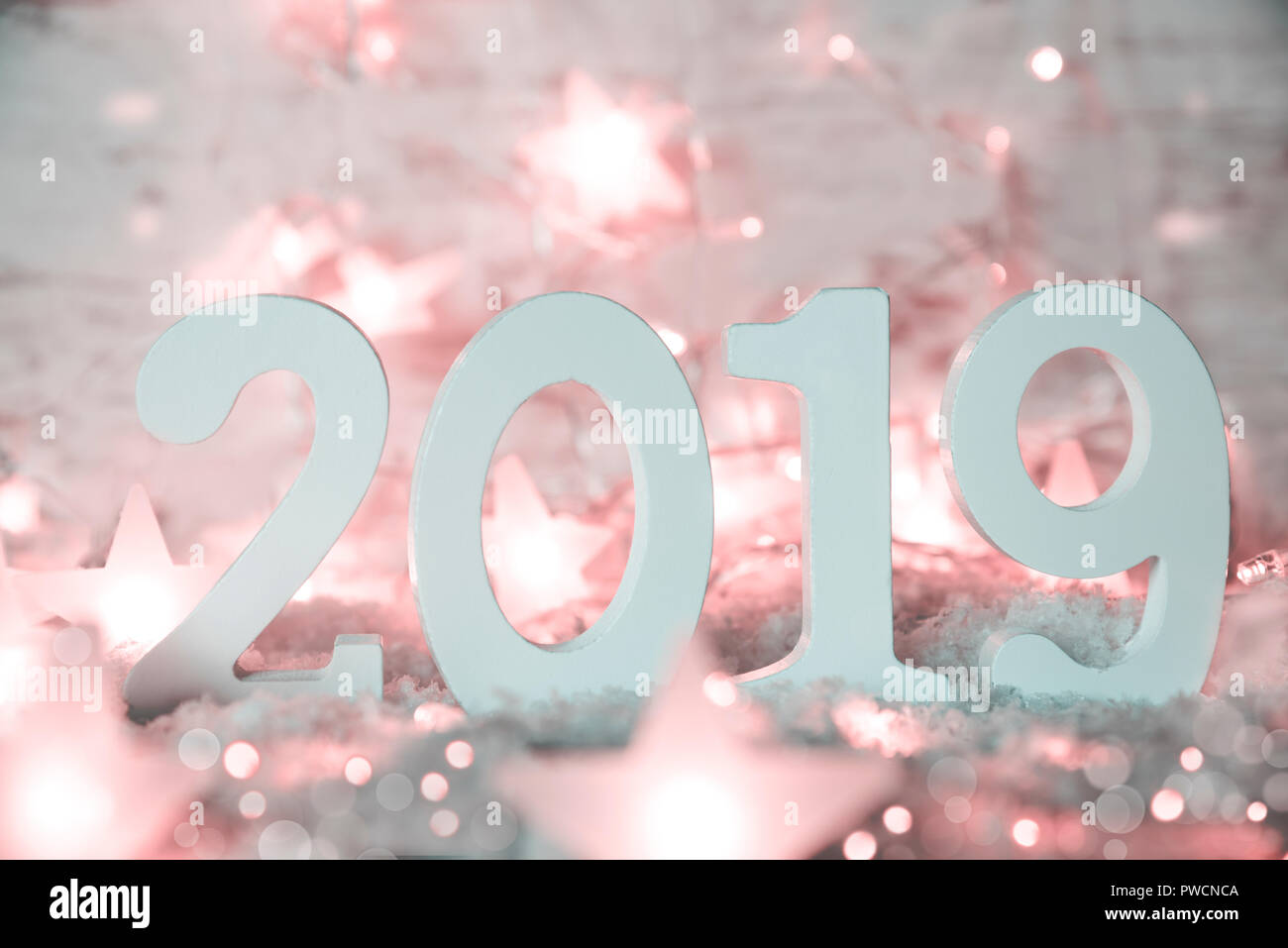 Shiny Pink Fairy Lights, Stars, 2019 For Happy New Year Stock Photo - Alamy