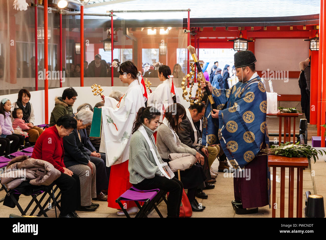 Japanese new year, shogatsu. Shinto Priest, Kannushi, performing a ...