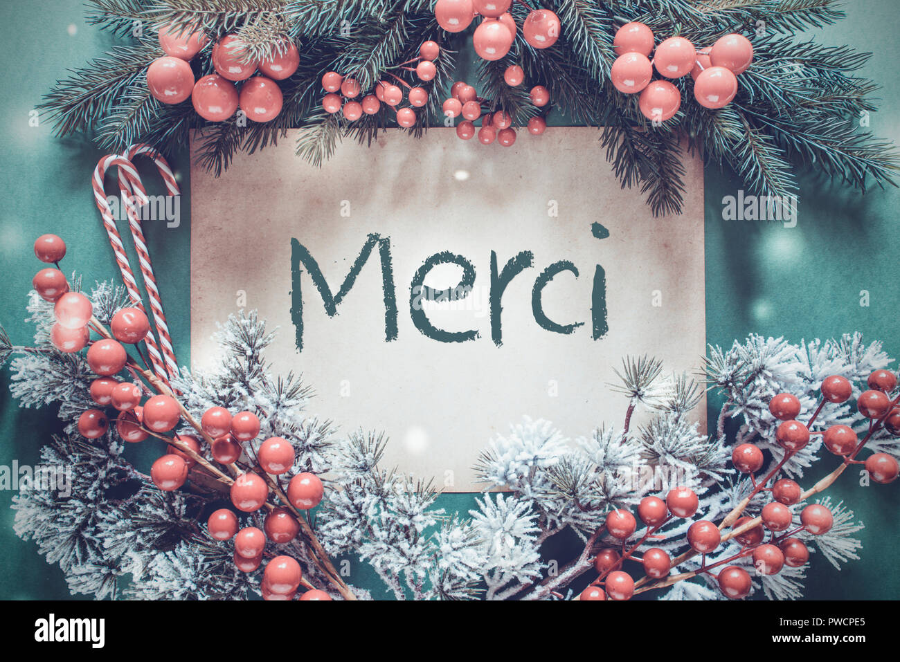 Christmas Garland, Fir Tree Branch, Merci Means Thank You Stock Photo ...