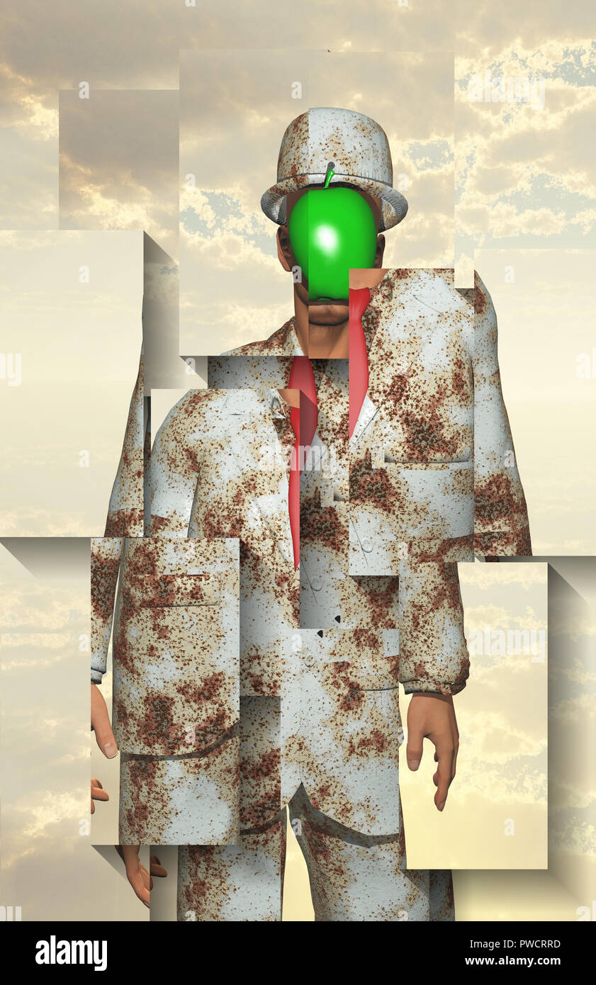 Surreal digital art. Man in white corroded suit with green apple ...