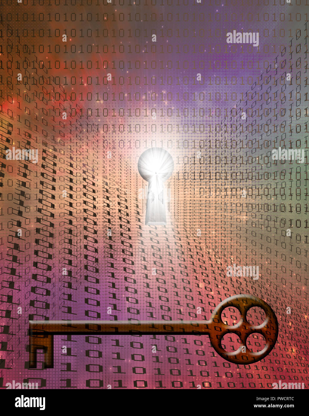 Modern art. Golden key, keyhole and binary code on a background Stock ...
