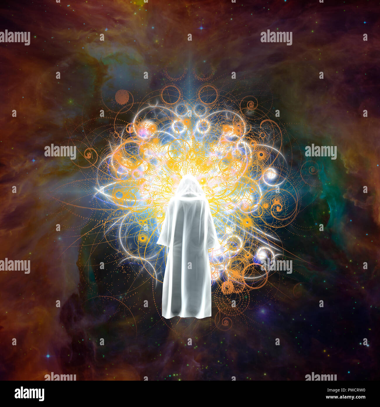 Surreal digital art. Figure in white cloak stands before bright light ...