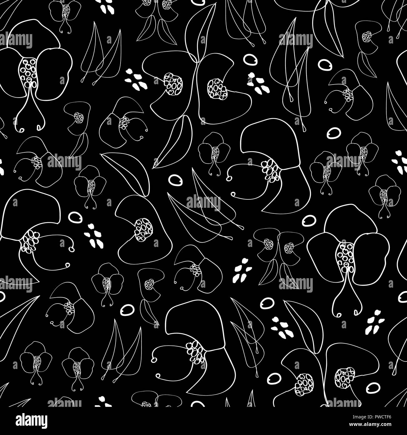 White Line Flowers on Black Background-Monochromatic Flowers seamles ...