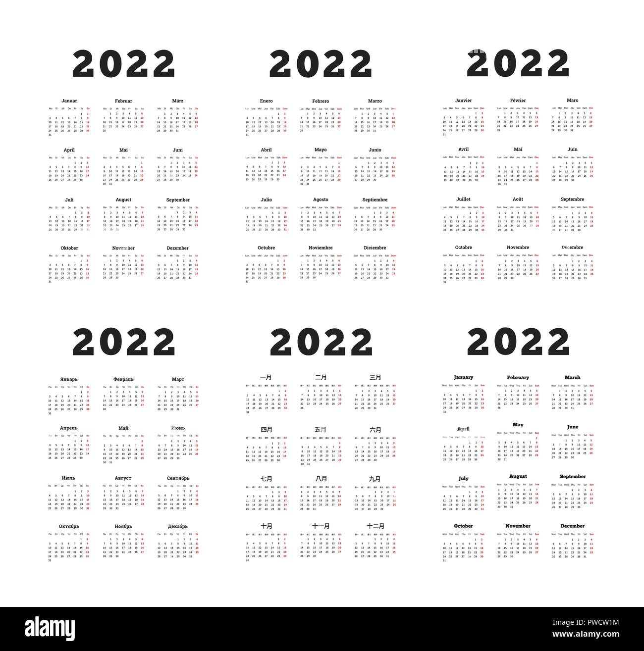 Set of 2022 year simple vertical calendars on different languages like ...