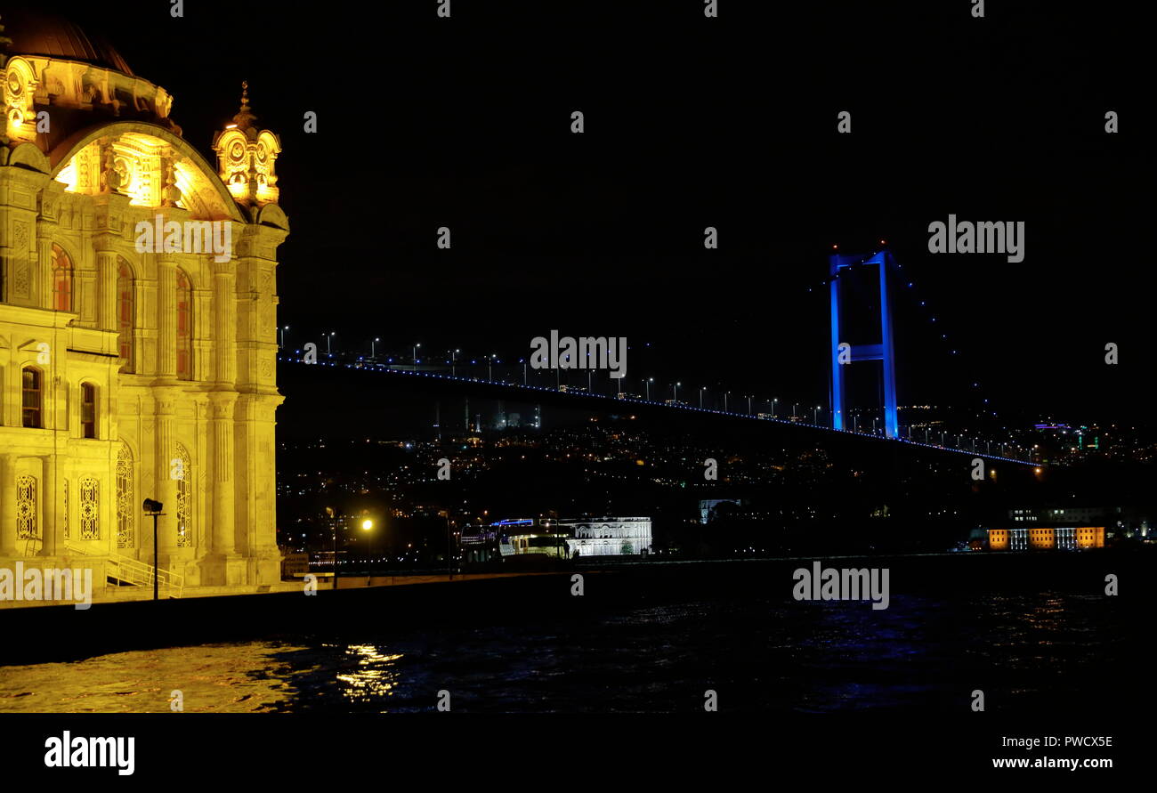 Istanbul, Ortakoy Mosque, Night lights and the Bosphorus Bridge behind ...