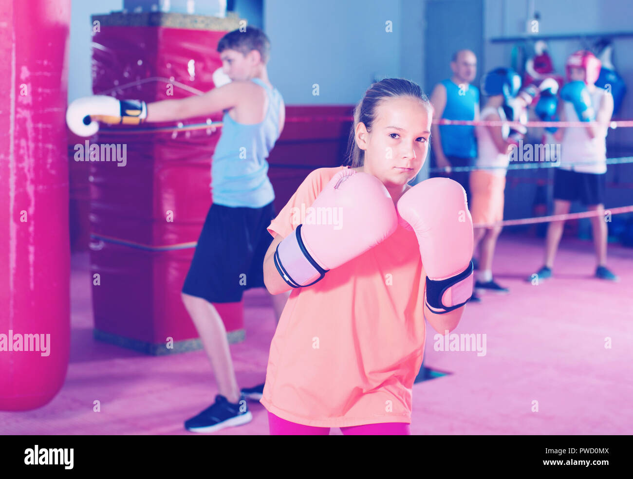 Young girl in gloves posing during boxing training at gym Stock Photo ...