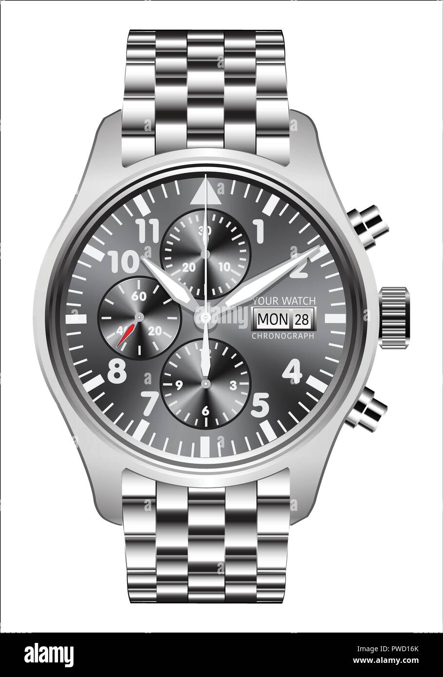 Realistic watch clock chronograph stainless steel on white background ...