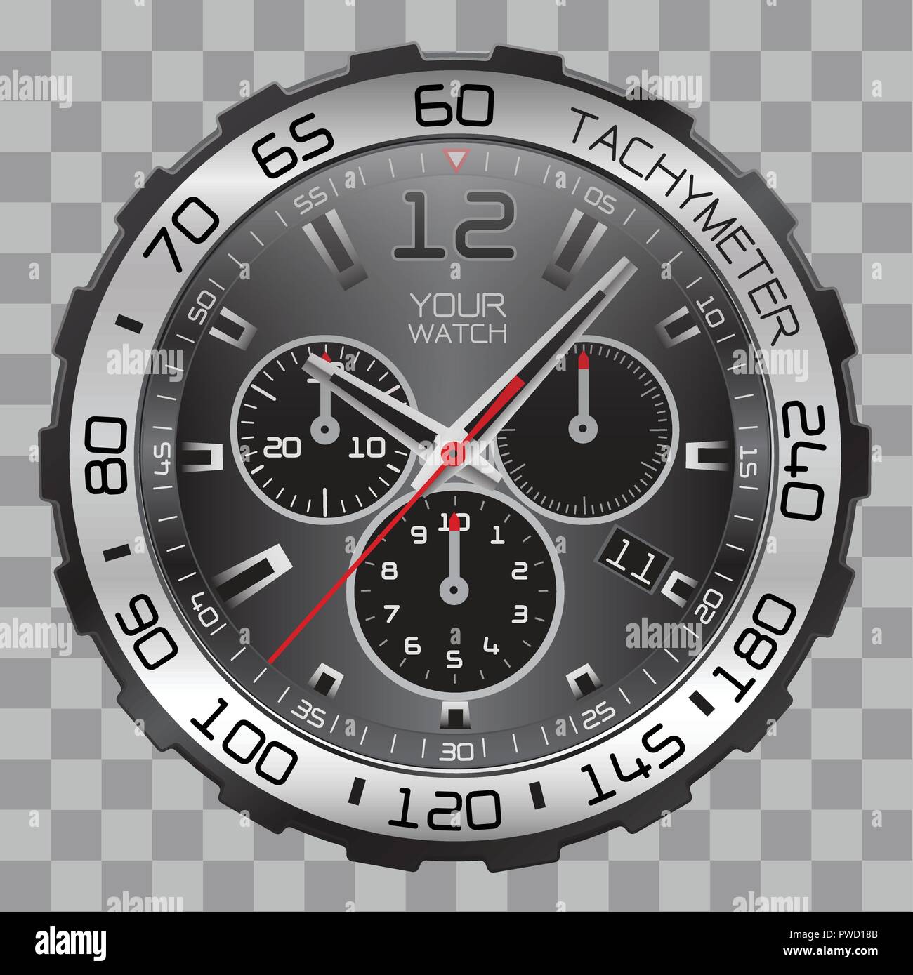 Realistic watch clock chronograph face stainless steel dial black on ...