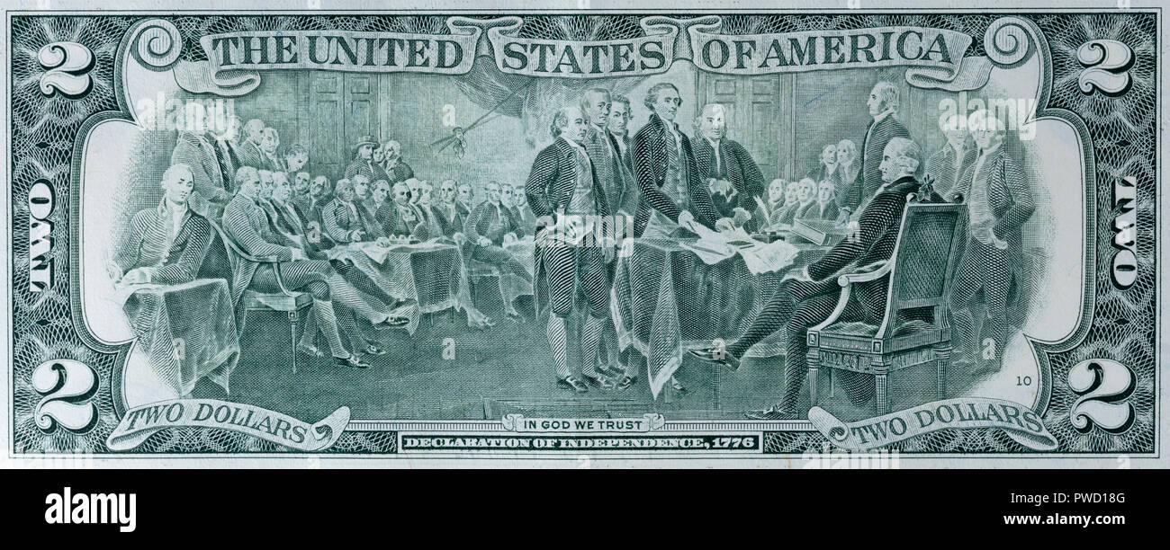 Declaration of Independence from 2 dollars banknote, USA, 1995 Stock ...