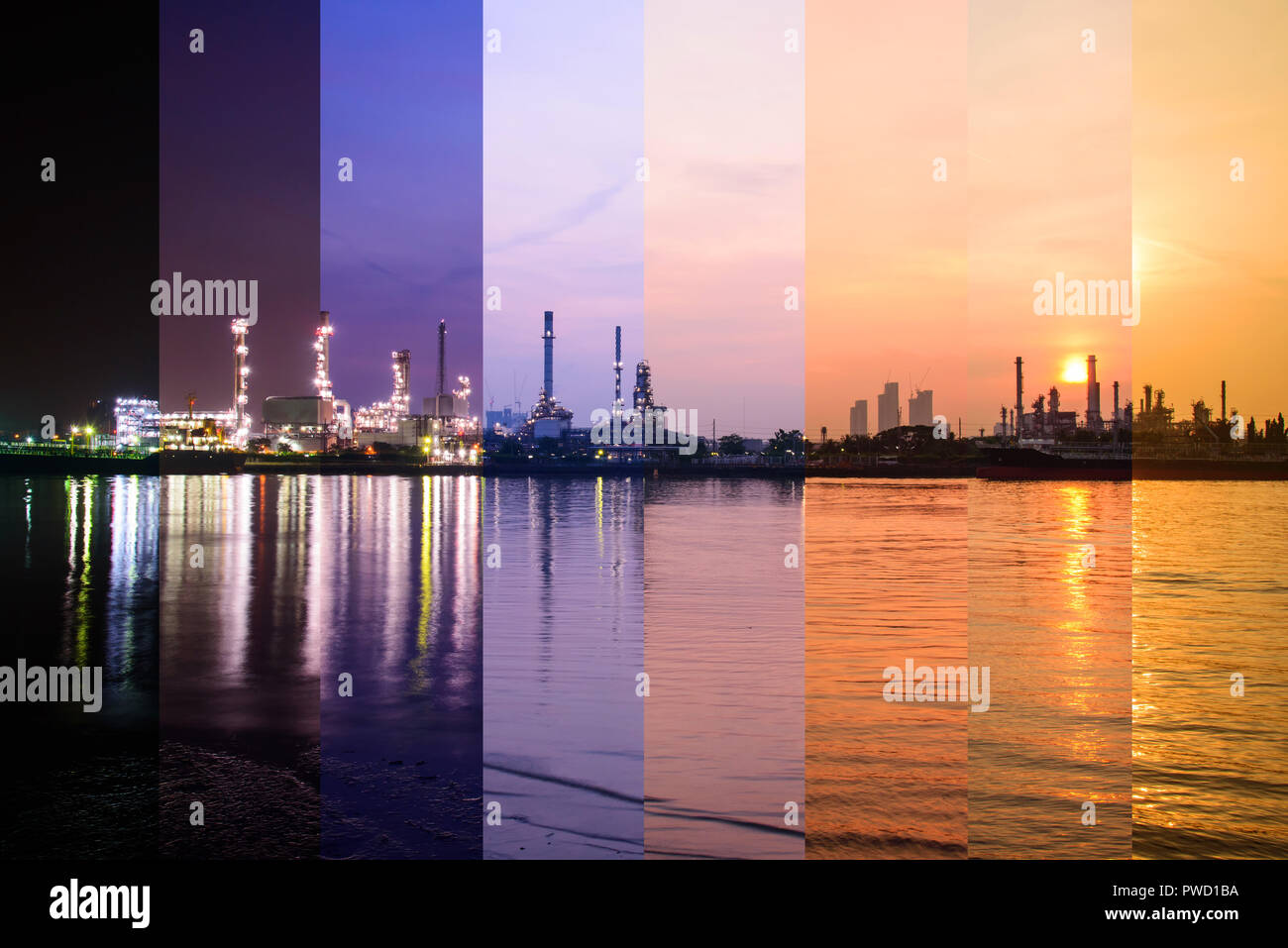 Different shade color of Oil refinery at the river in sunrise time ...