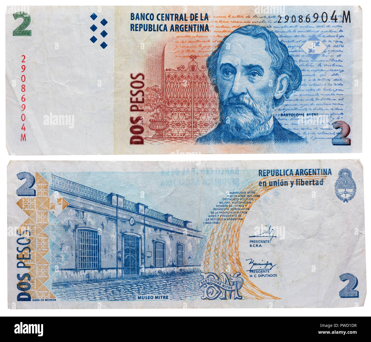 2 pesos banknote, Bartolome Mitre, Museo Mitre, Argentina Stock Photo ...