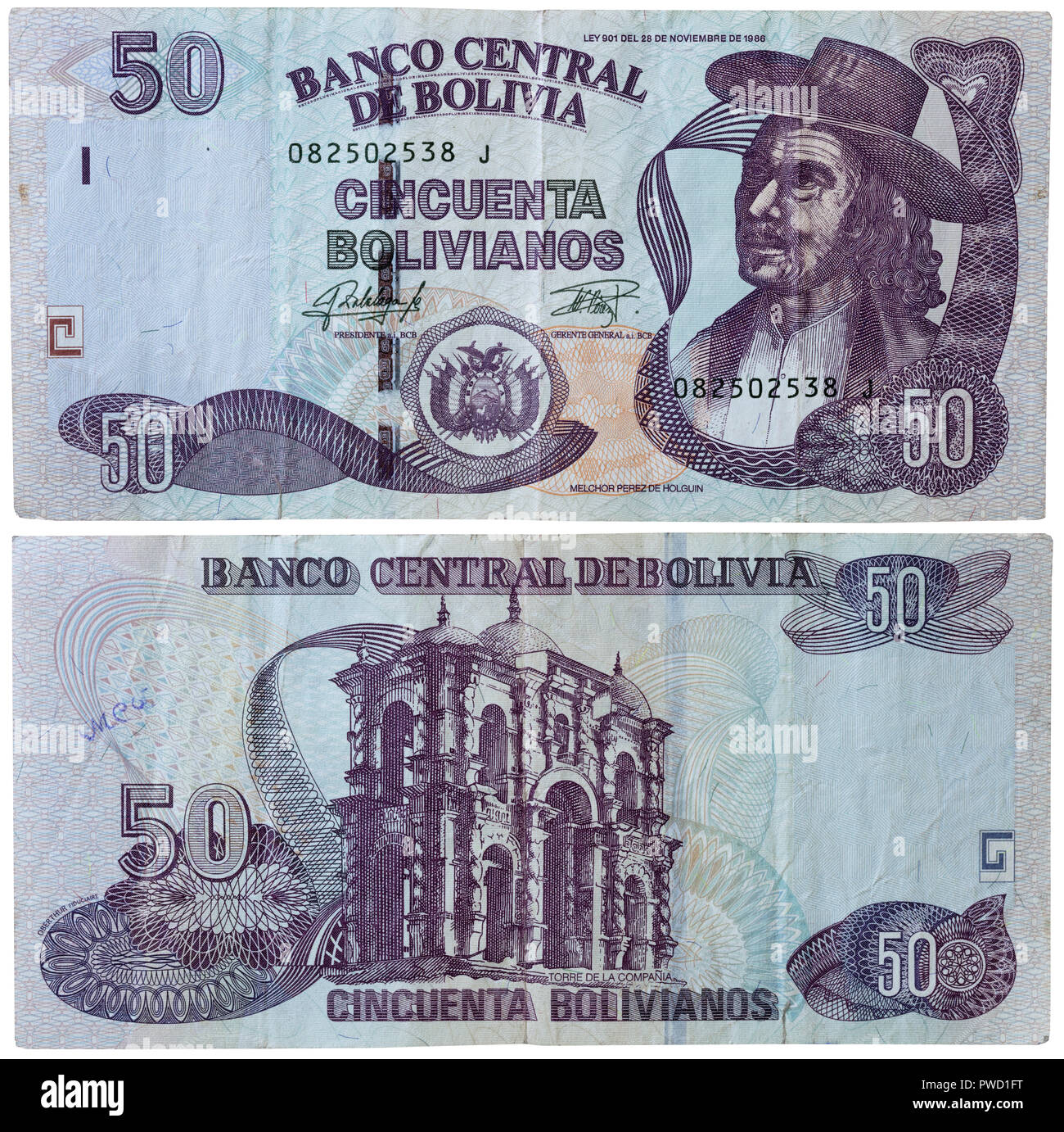 50 bolivianos banknote, Melchor Perez de Holguin, Torre de la Compania ...