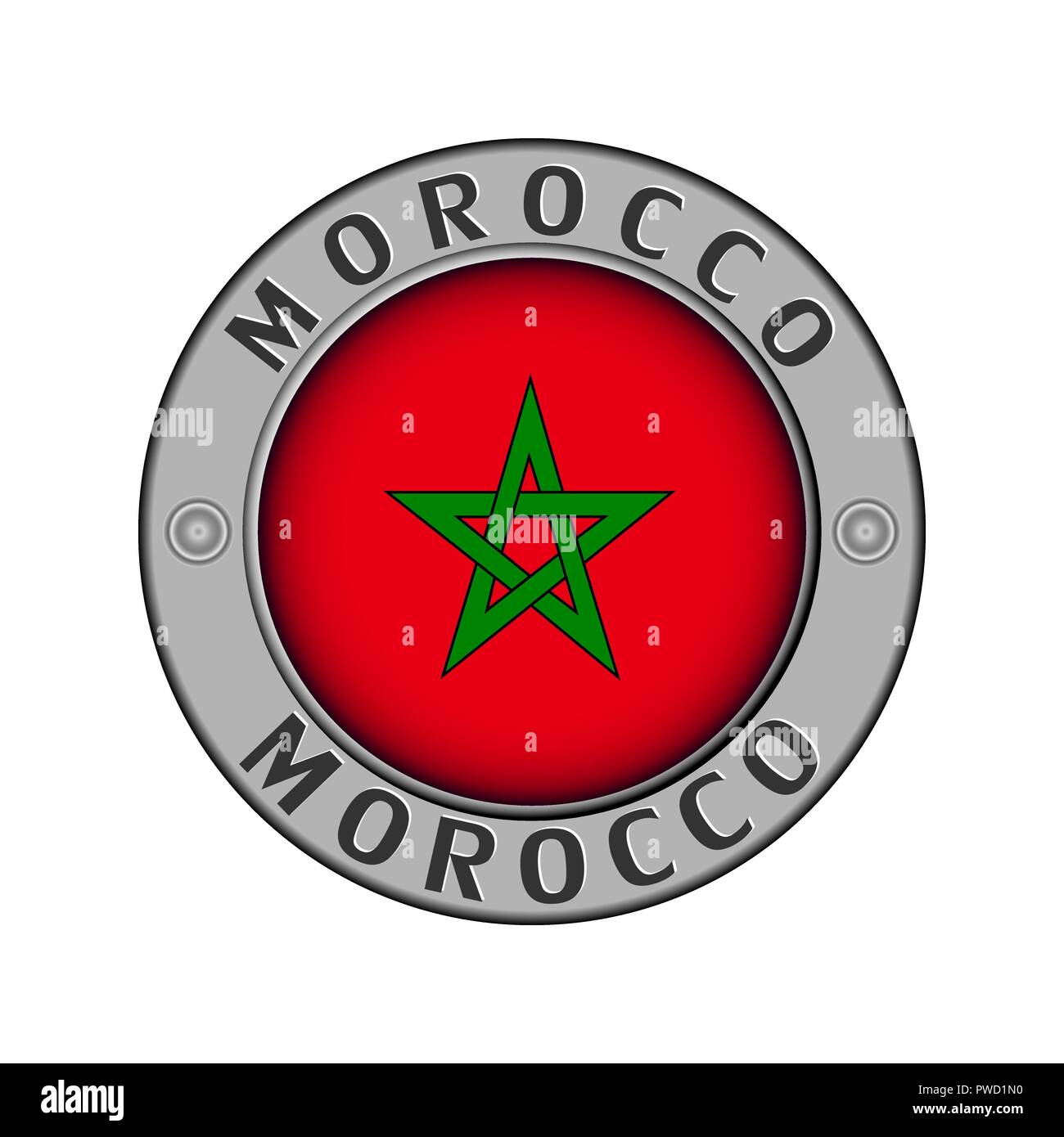 Round metal medallion with the name of the country of Morocco and a ...