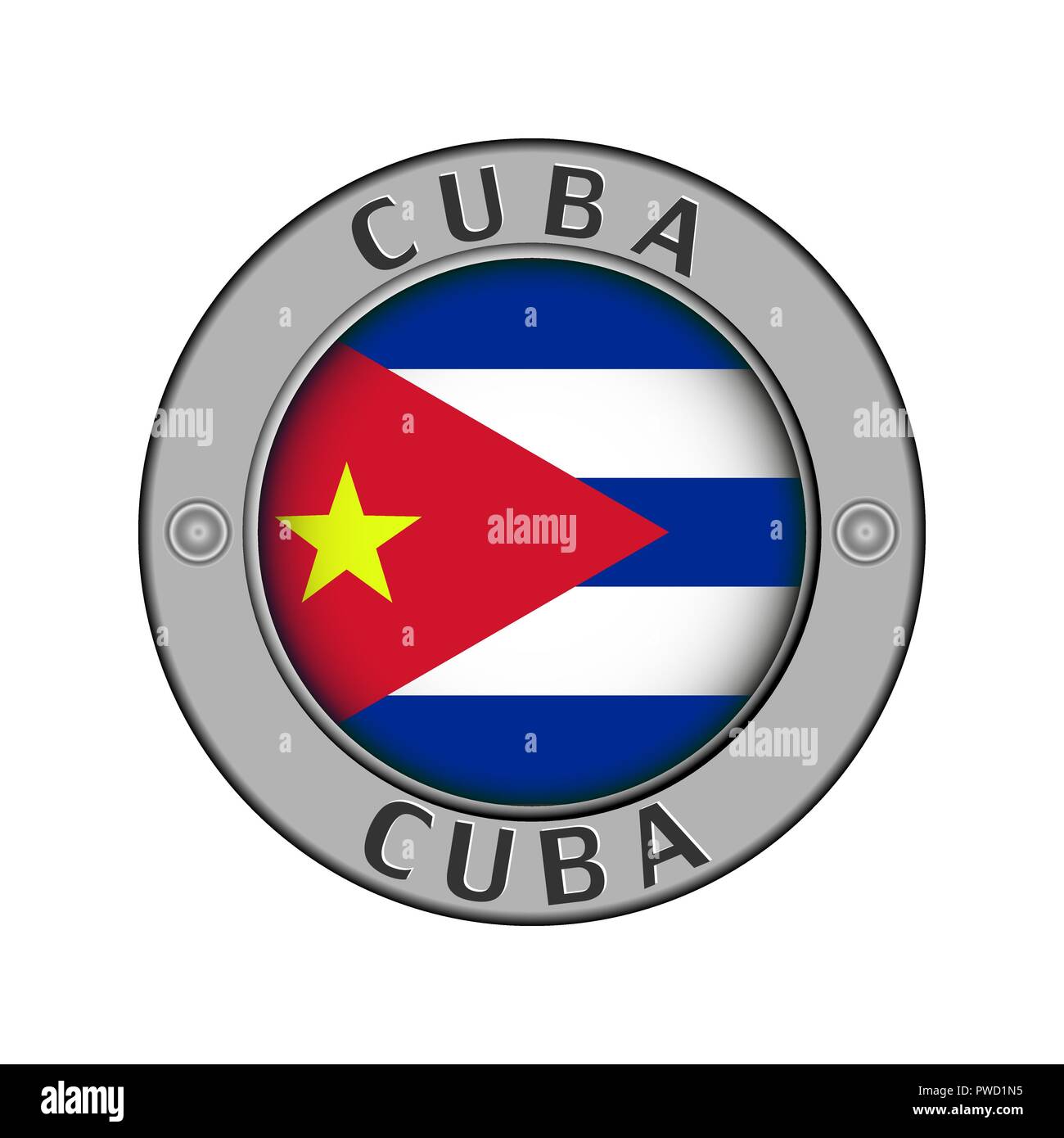 Round metal medallion with the name of the country of Cuba and a round ...
